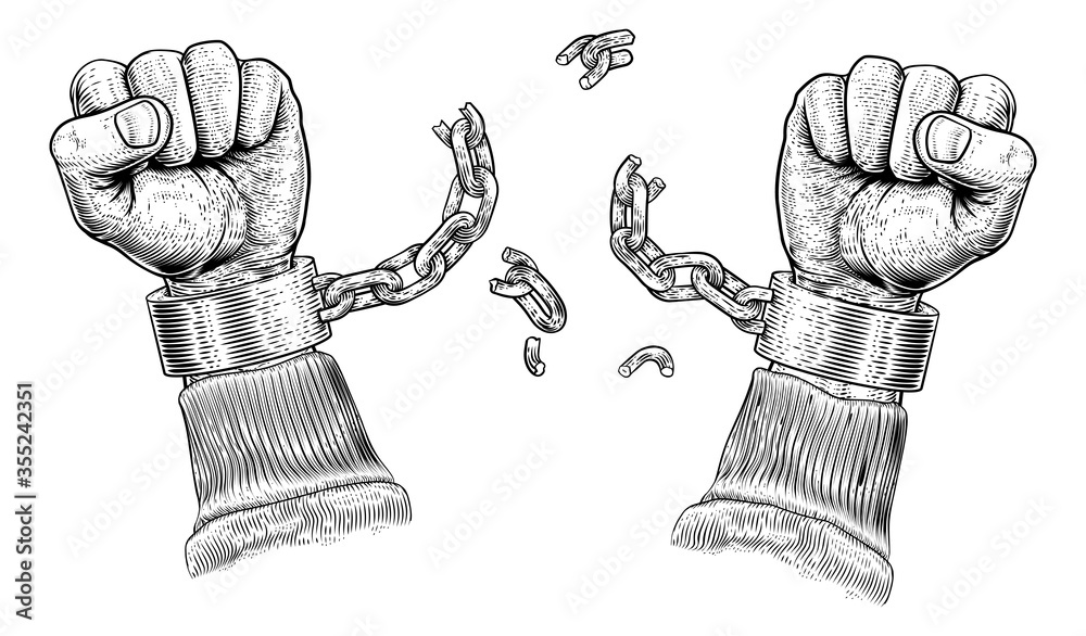Hands breaking chains or shackle handcuffs in a vintage woodcut ...