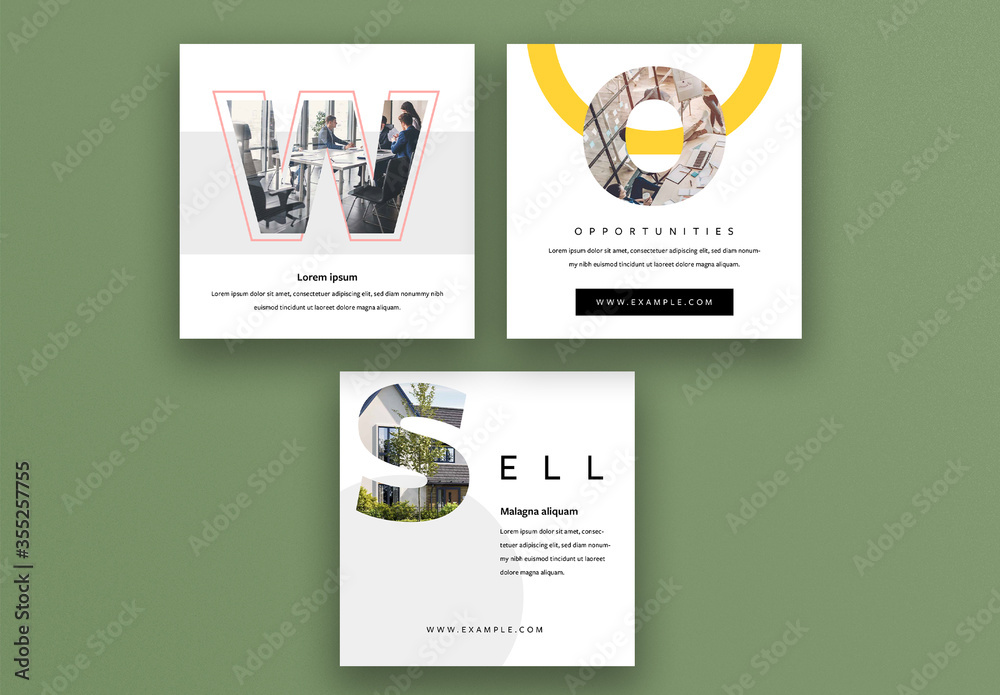 Social Media Post Layouts with Letter-Shaped Photo Placeholders Stock ...