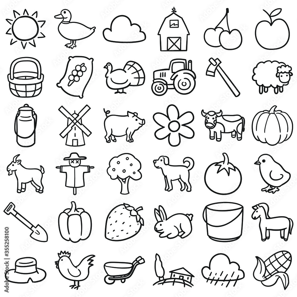 Farm icons doodle set. Animals, objects and fruits illustration. Line ...