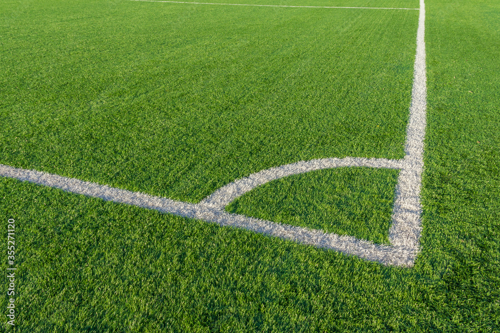 Green grass and white border lines on football ground. Soccer field on ...