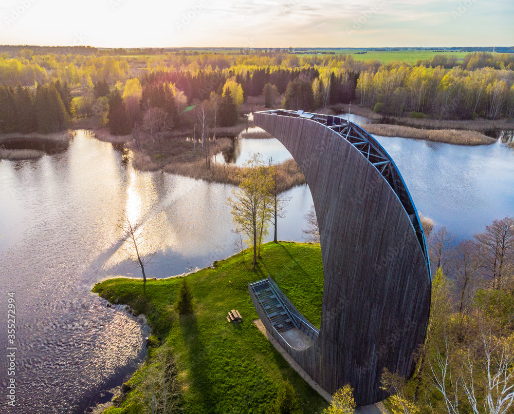 Moon shape observation tower among lakes of natural collapses in ...