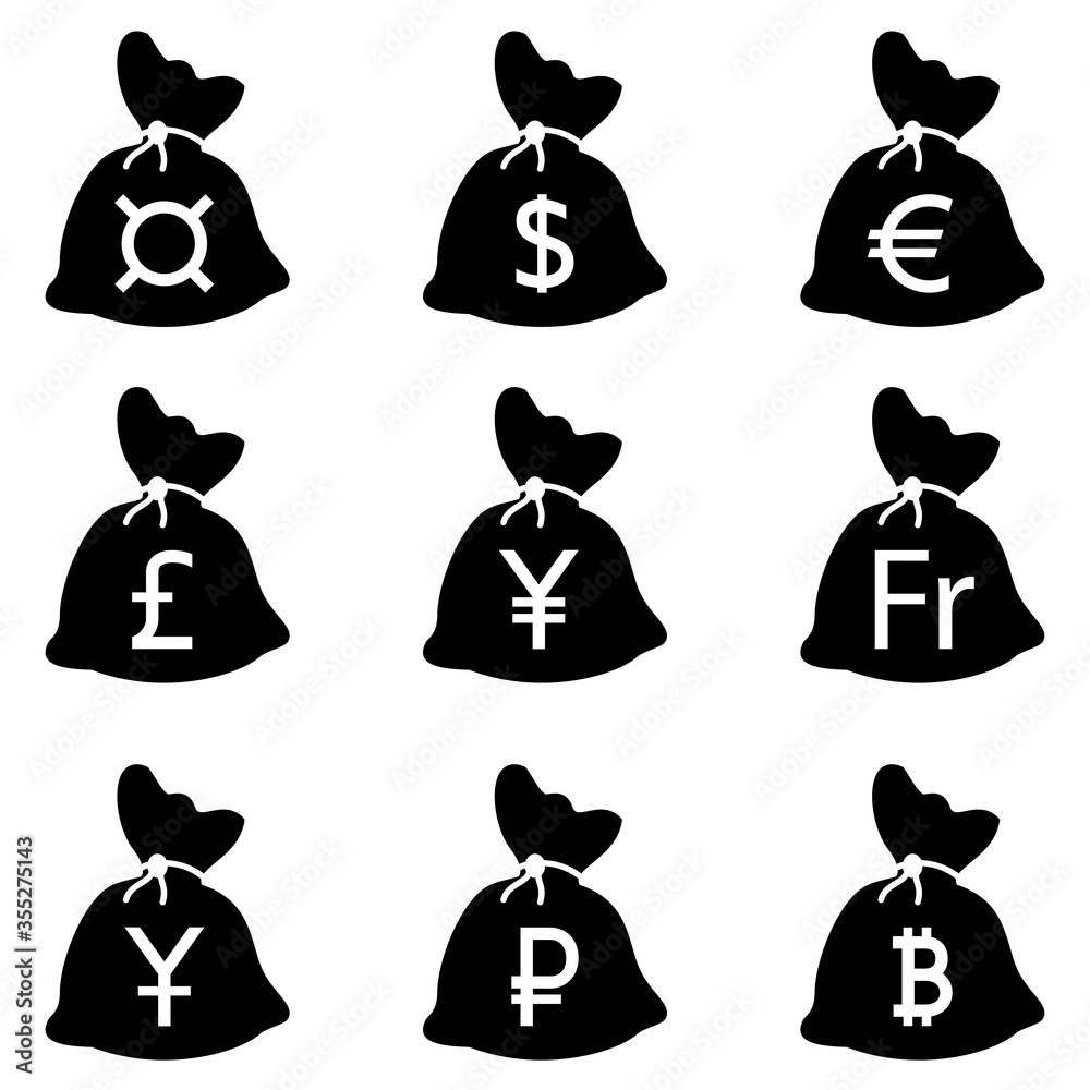 Money bags with World Currency symbols flat solid icons isolated on ...
