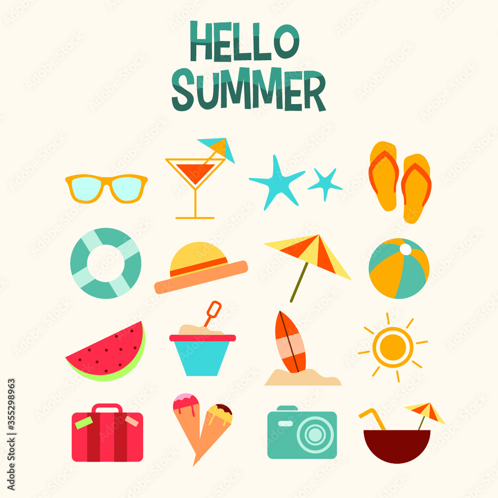 Set of icons in summer. Objects carried while going to the beach in ...