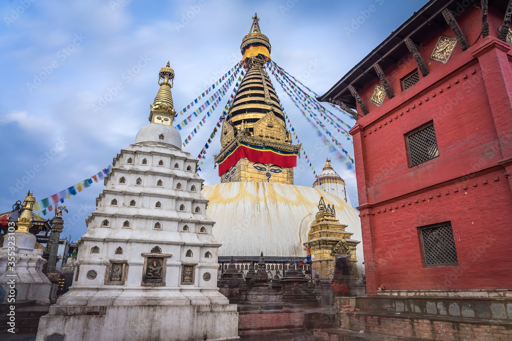 Swayambhunath (monkey temple) stupa on sunset Kathmandu, Nepal. A ...
