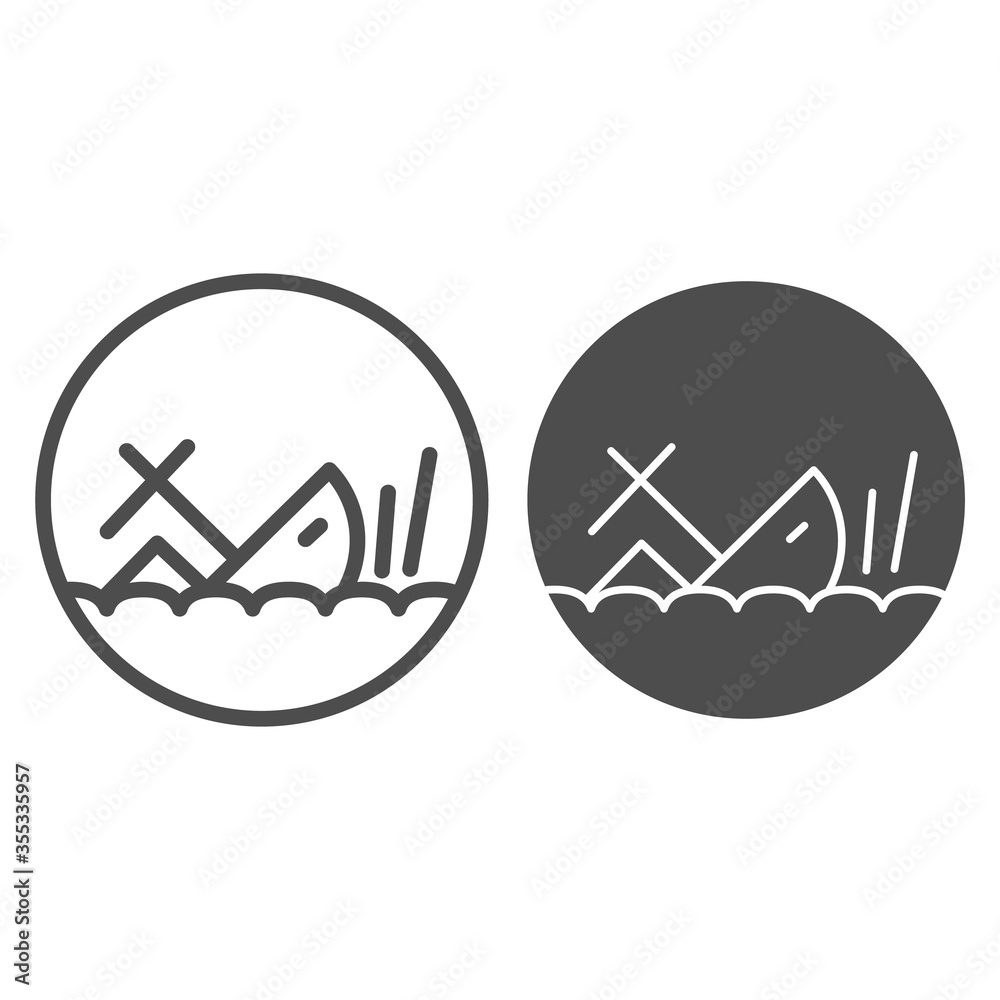 Shipwreck line and solid icon, marine concept, Sinking ship sign on ...