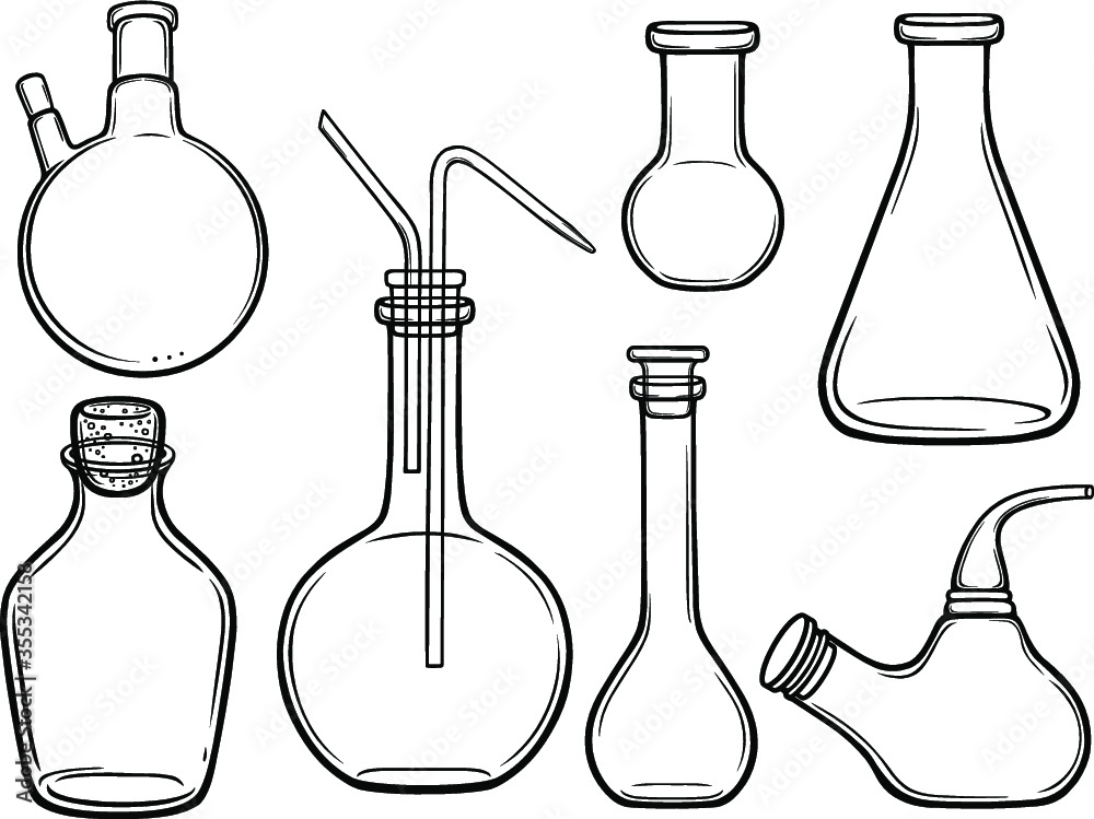 Set of glass laboratory dishes for chemical experiments. Monochrome ...