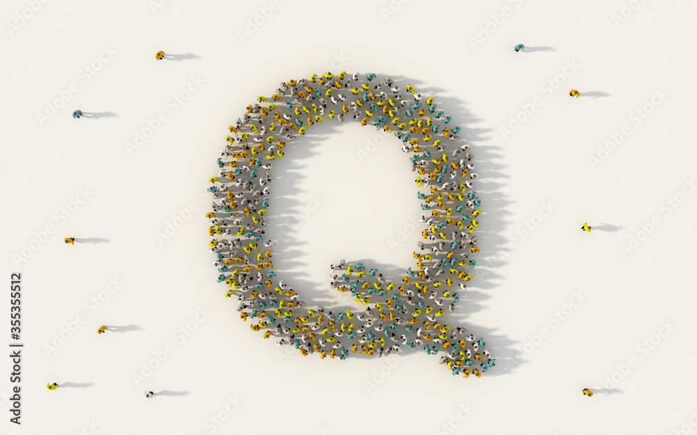 Large group of people forming letter Q, capital English alphabet text ...