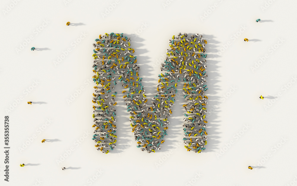 Large group of people forming letter M, capital English alphabet text ...