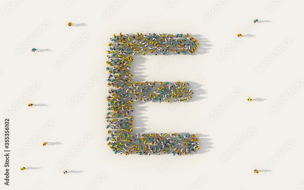 Large group of people forming letter E, capital English alphabet text ...