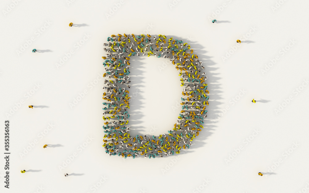 Large group of people forming letter D, capital English alphabet text ...
