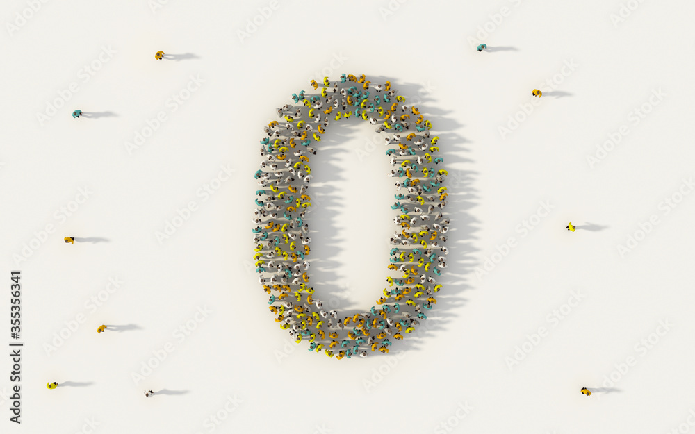 Large group of people forming number zero, 0, alphabet text character ...