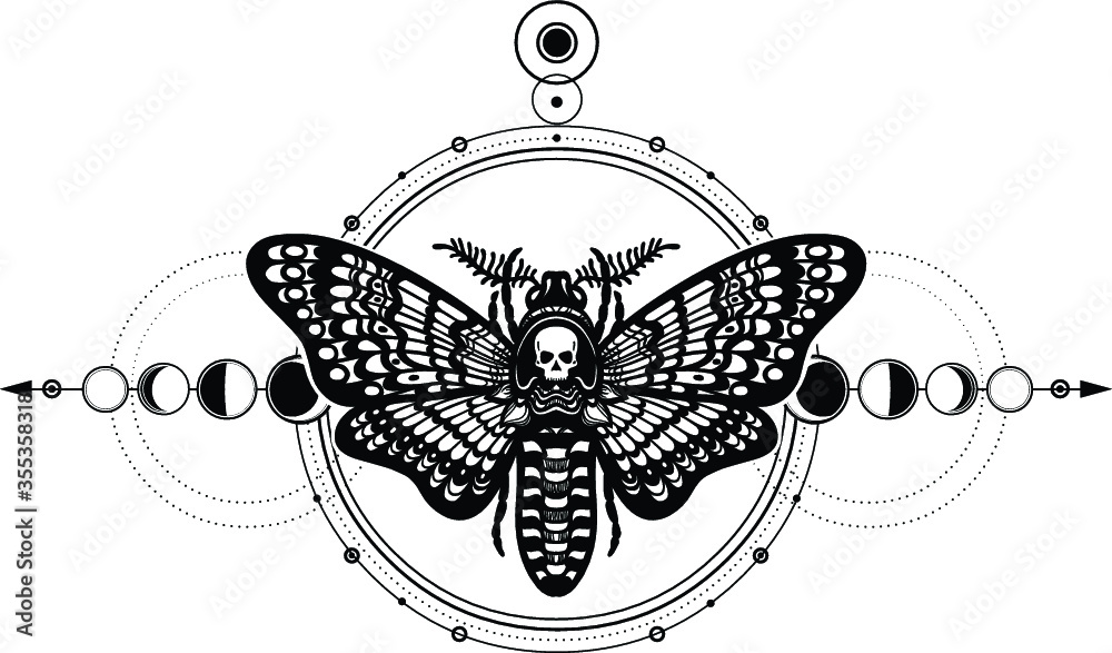 Mystical drawing: moth Dead Head, sacred geometry, moon phases, energy ...