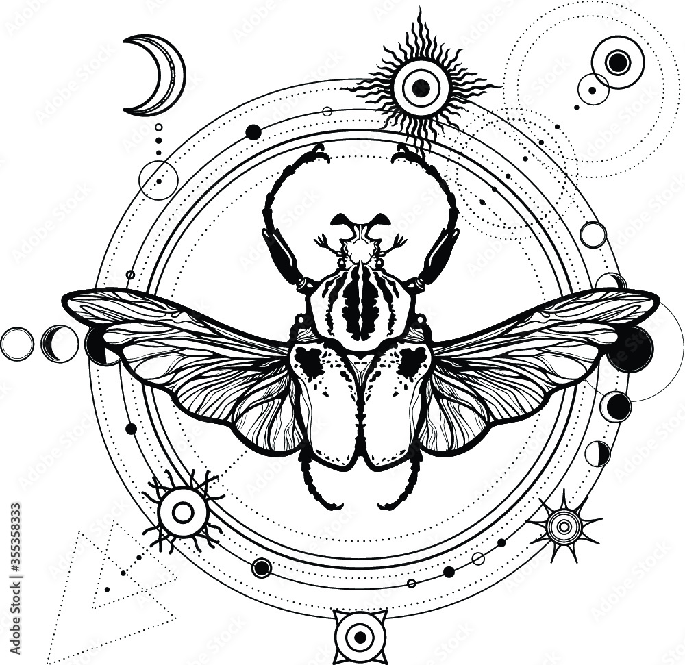 Mystical drawing: bug Goliath, moon phases, orbits of planets, energy ...