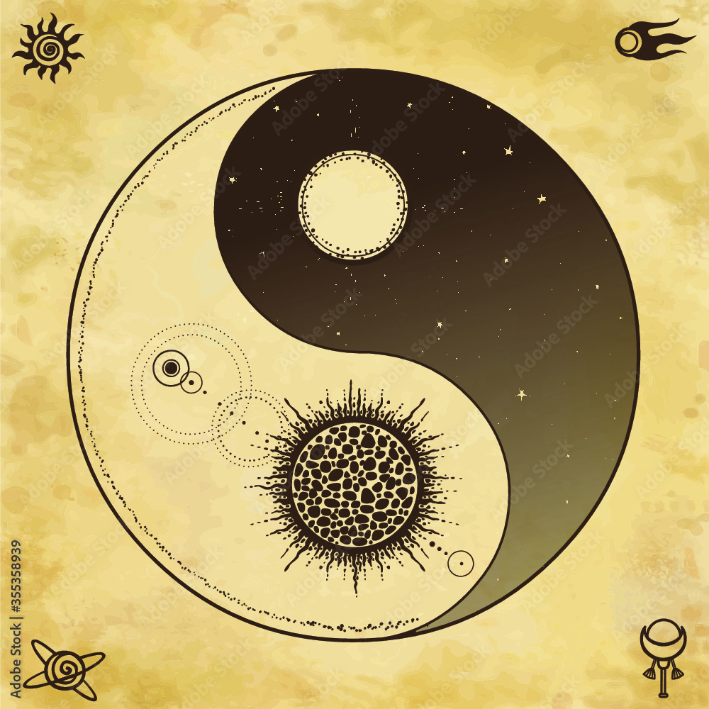 Mystical drawing: sun system, moon phases, orbits of planets, energy ...