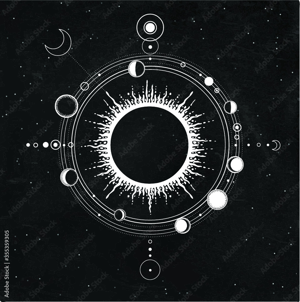 Mystical drawing: stylized Solar system, moon phases, orbits of planets ...