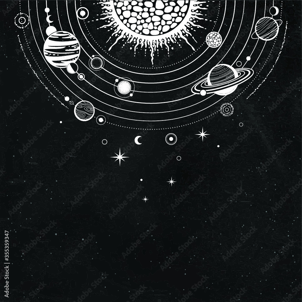 Cosmic drawing: stylized Solar system, orbits, planets, space structure ...