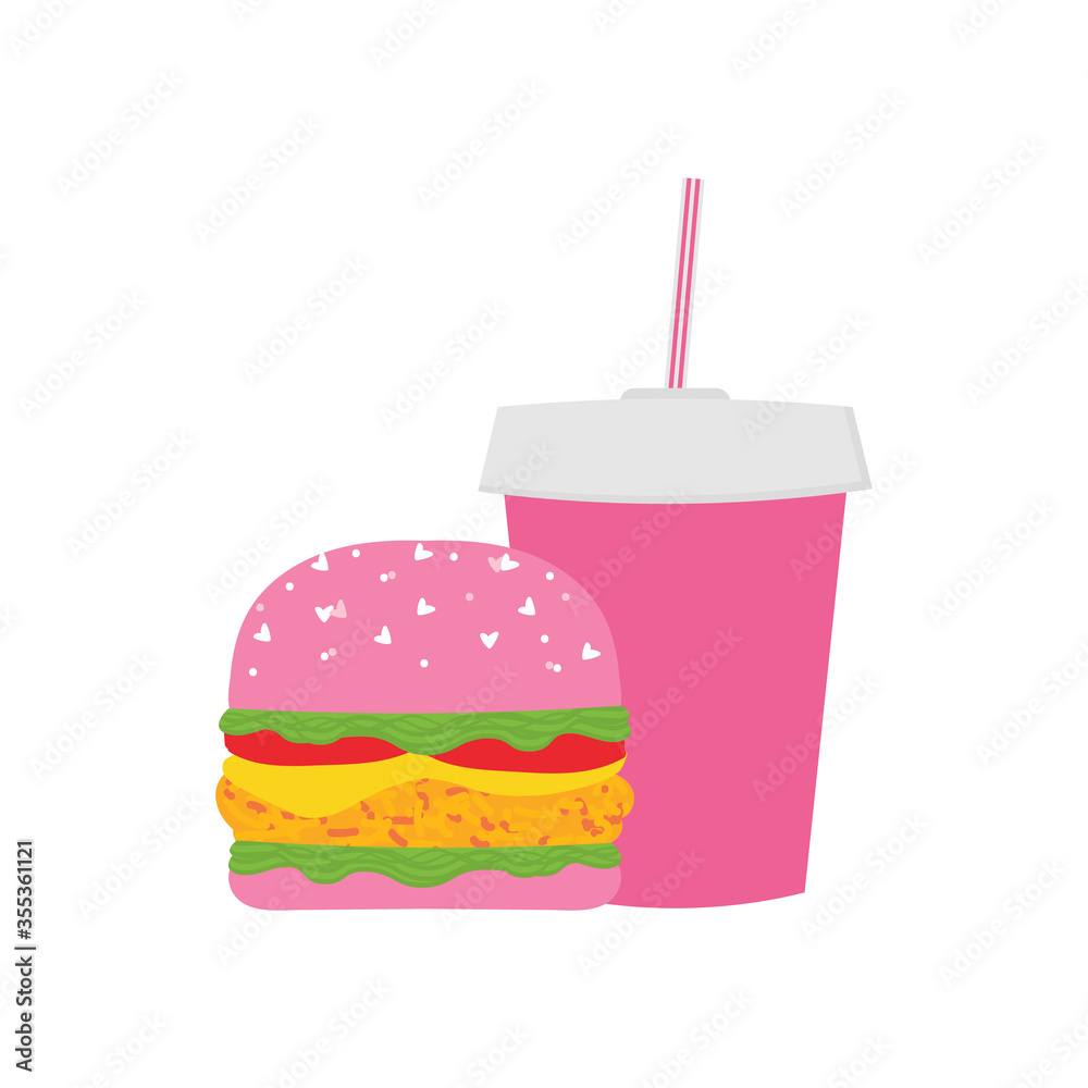 Cute pink cartoon style cheeseburger and soft drink in plastic cup ...