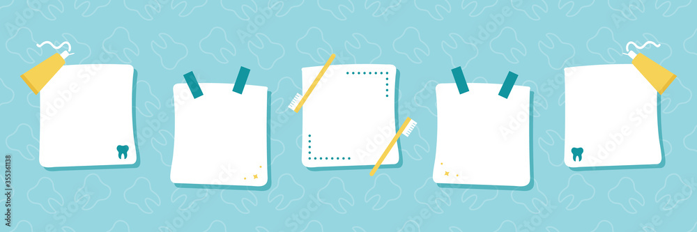 Set, collection of cute sticky notes, stickers on teeth background with ...