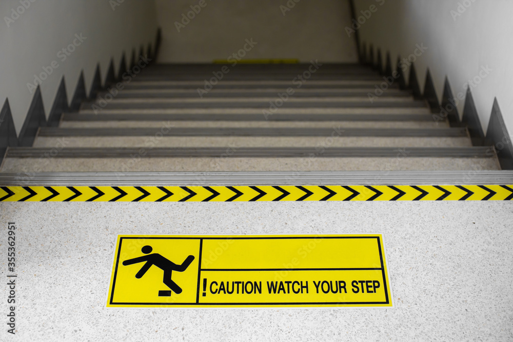 Beware of falling stairs symbol, yellow and black Stock Photo | Adobe Stock