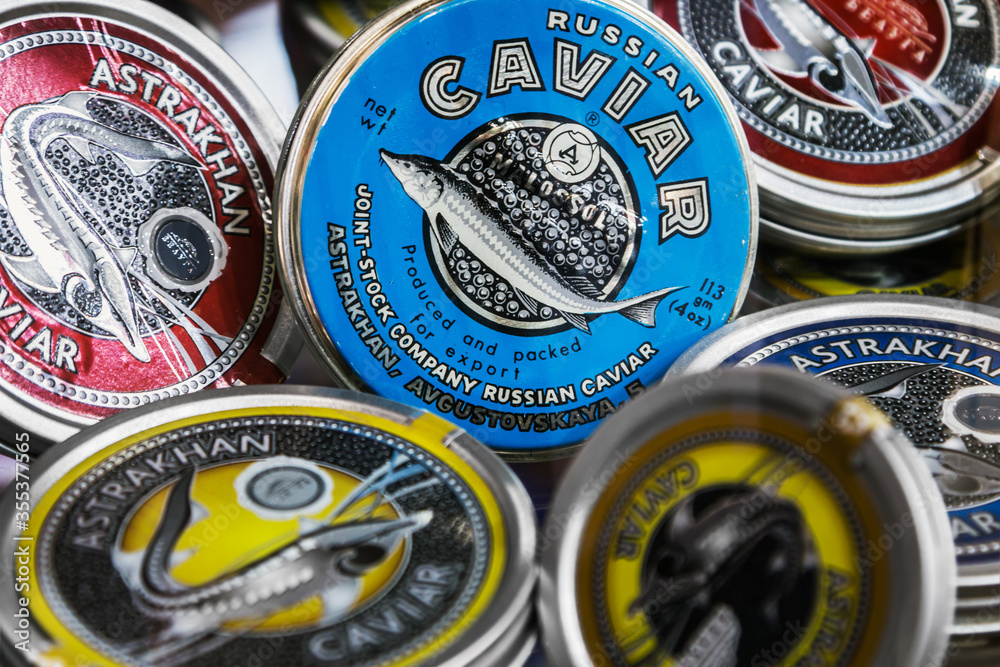 Moscow, Russia - October 19, 2019: caviar of different varieties in tin ...