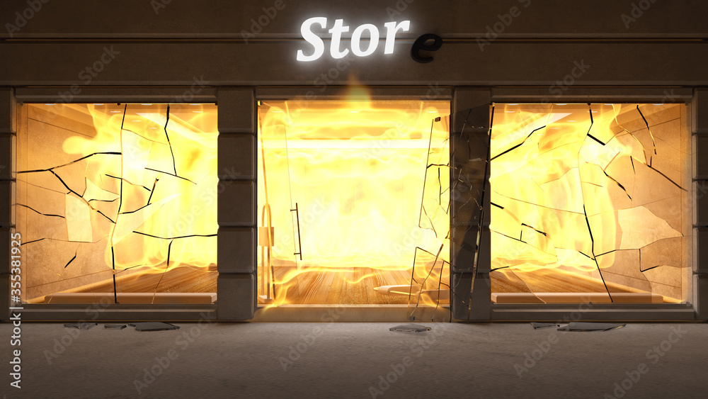 Store in Fire Flame. Ruined and Burnered Shop with Broken Front Windows ...