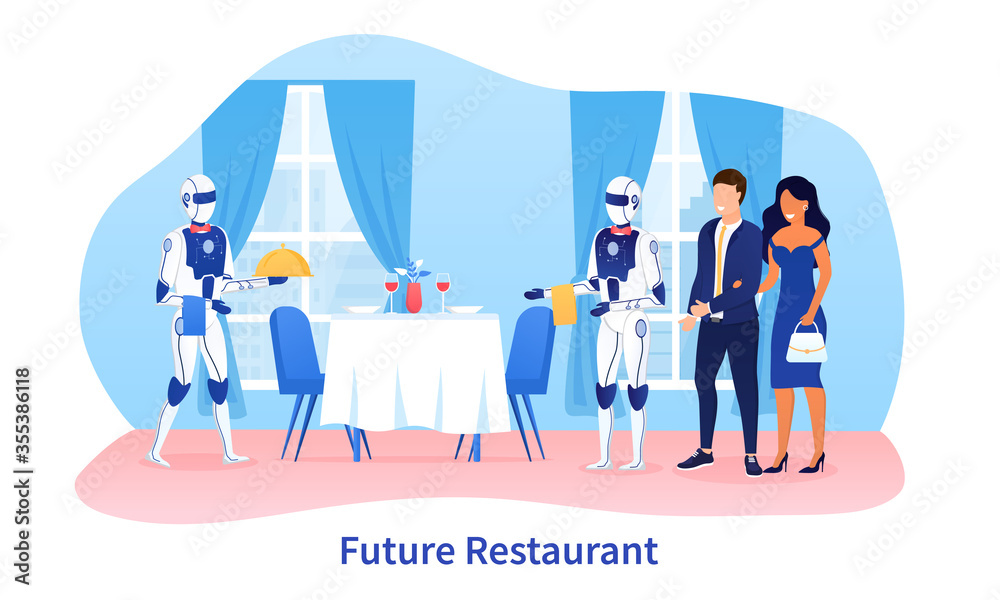 Robot waiter concept. Robots androids serve a table in a restaurant ...