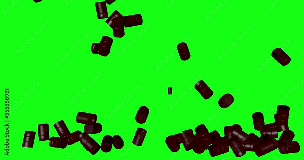 3d rain of metal barrels oil flying on green screen chroma key ...