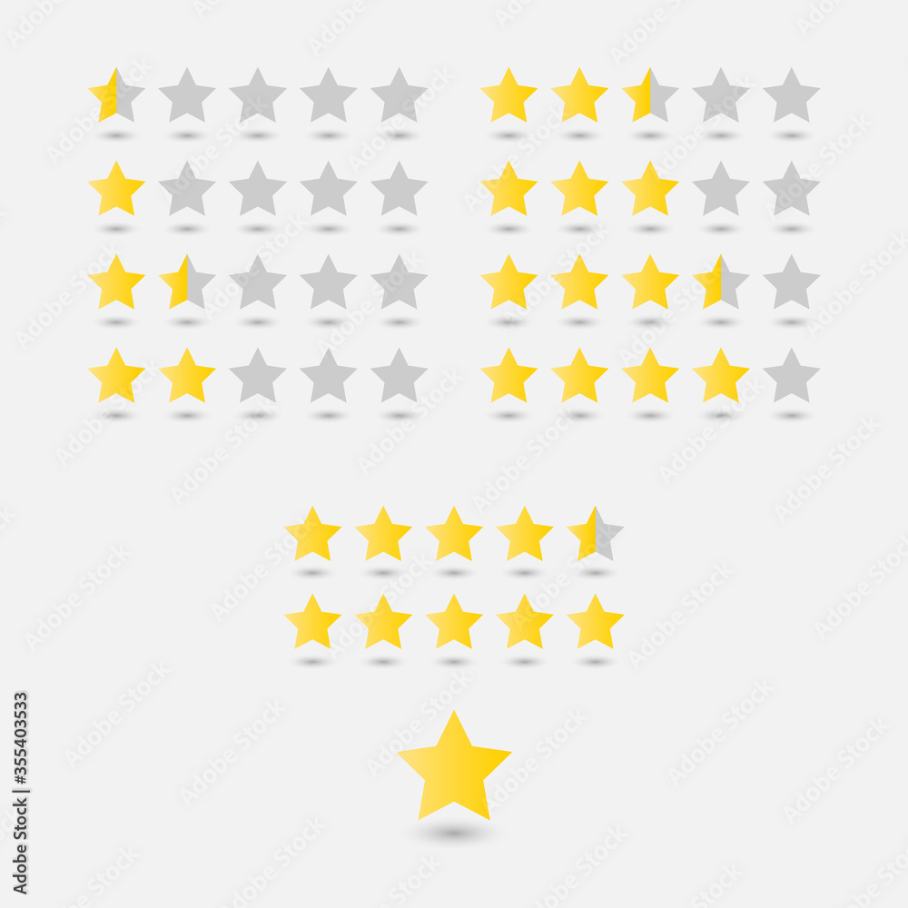 Vector full 5 star rating icon set with lighted yellow golden and grey ...