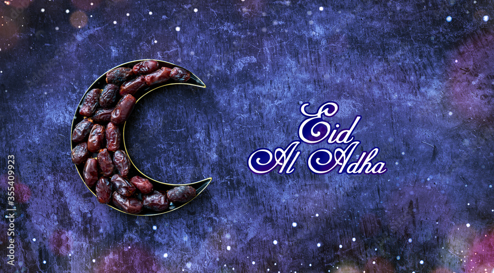 Dates in a moon shaped plate Islamic Iftar and Eid Al Adha concept ...