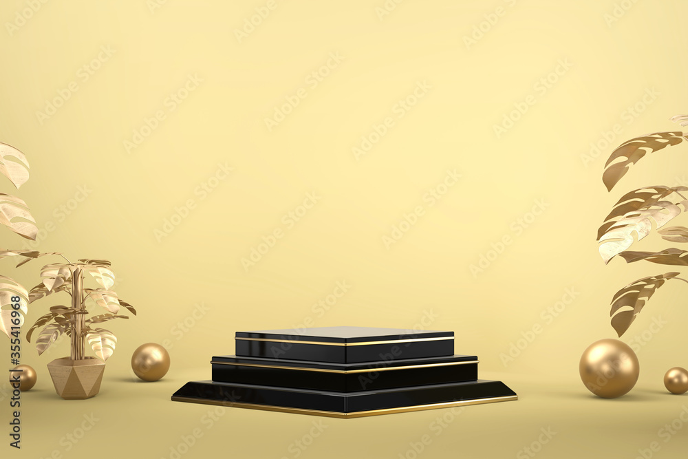 Abstract black and gold stage platform podium with bright yellow ...
