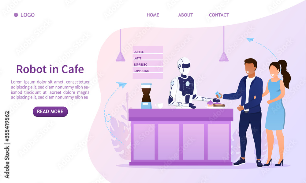 A robot in a cafe serves a young couple. Man and woman in a futuristic ...