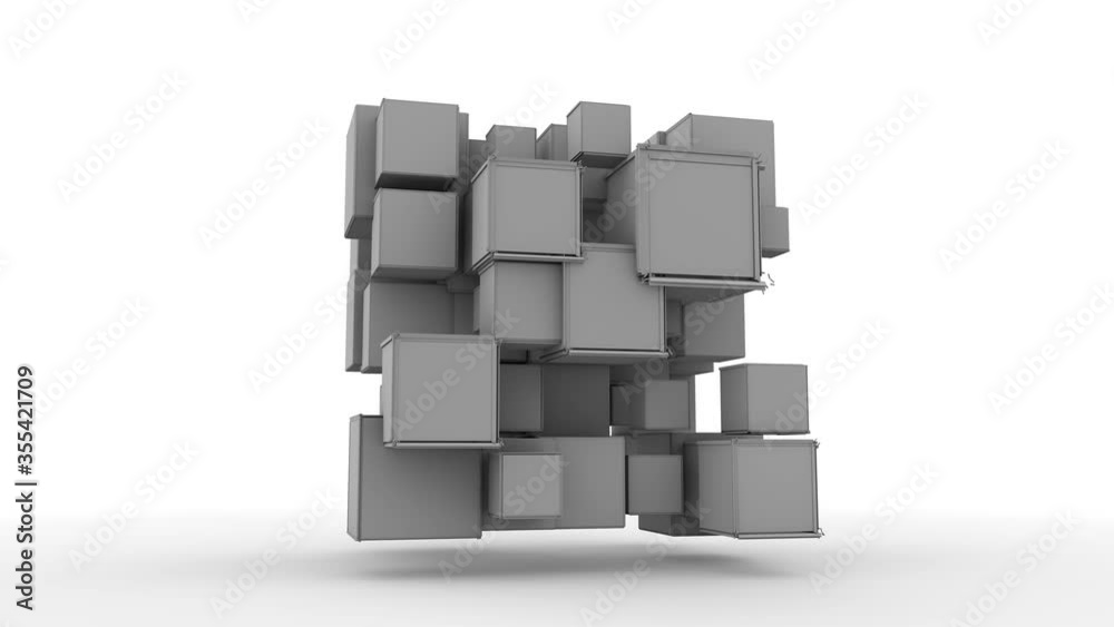 3D animation of cubes that are divided by changing the size. Cubes are ...