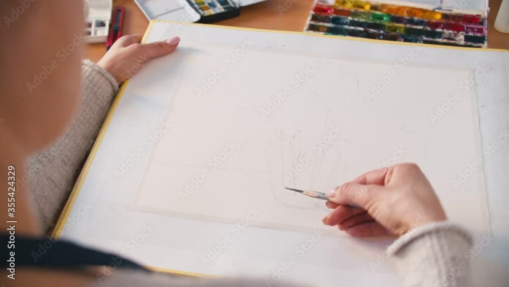 Still life techniques. Pencil drawing. Female artist sketching on ...
