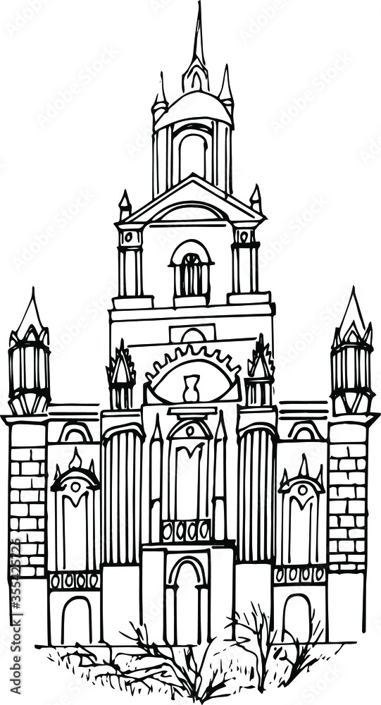 Hand-drawn Russian Orthodox Church. Vector linear black-and-white ...
