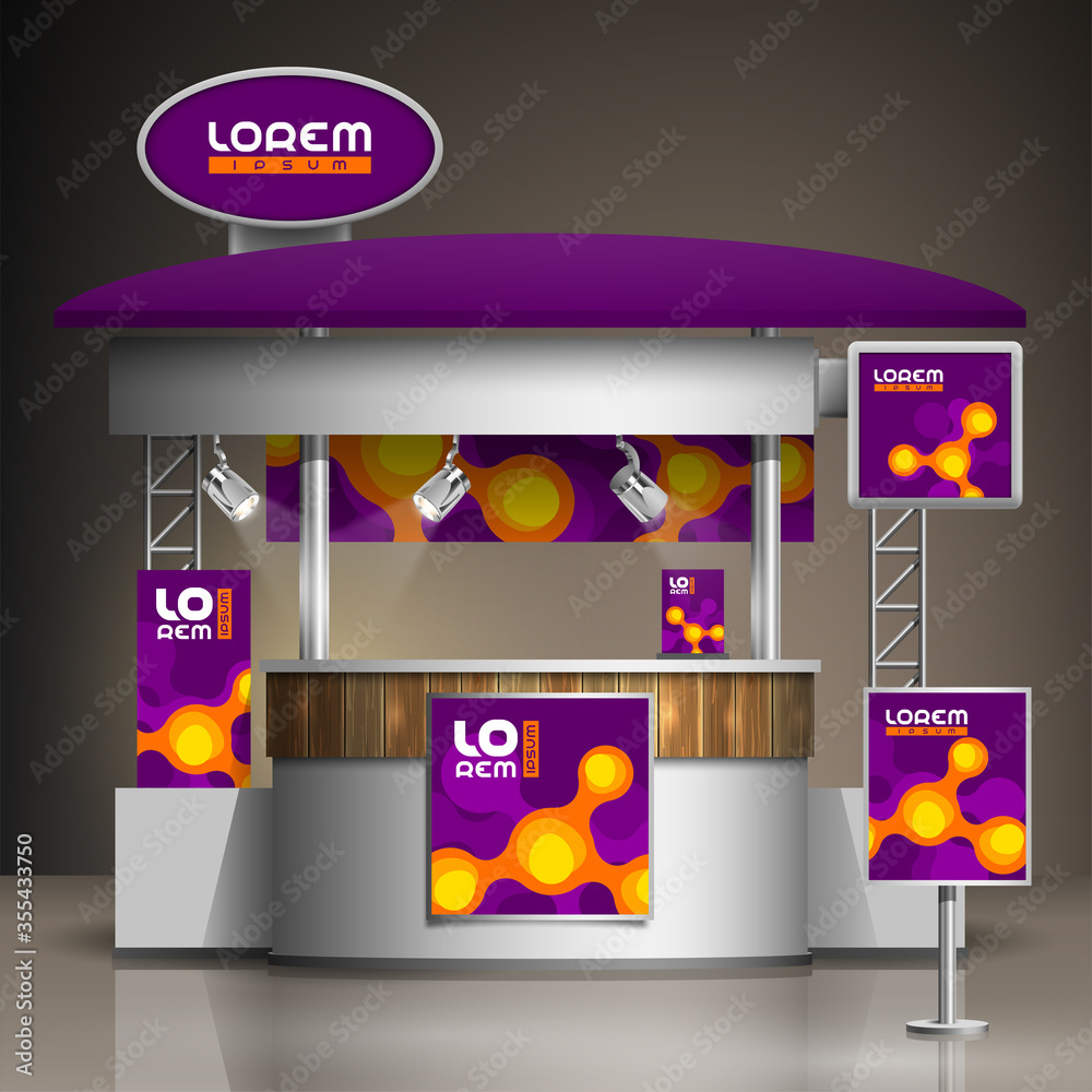Purple exhibition stand design with orange molecules. Booth template ...