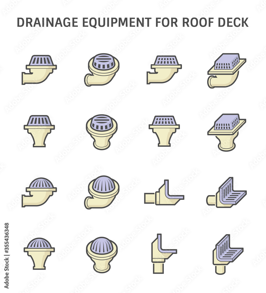 Roof deck and drainage equipment vector icon set design on white ...