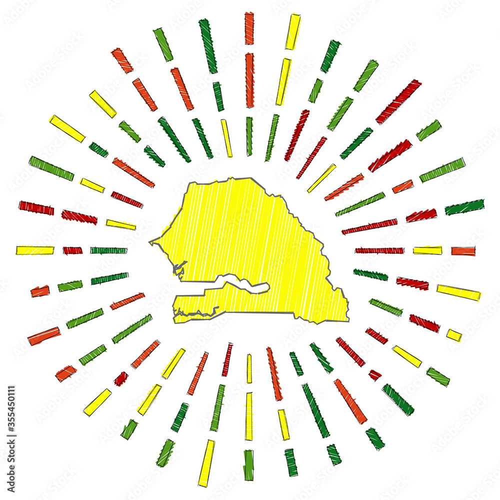 Sketch map of Senegal. Sunburst around the country in flag colors. Hand ...