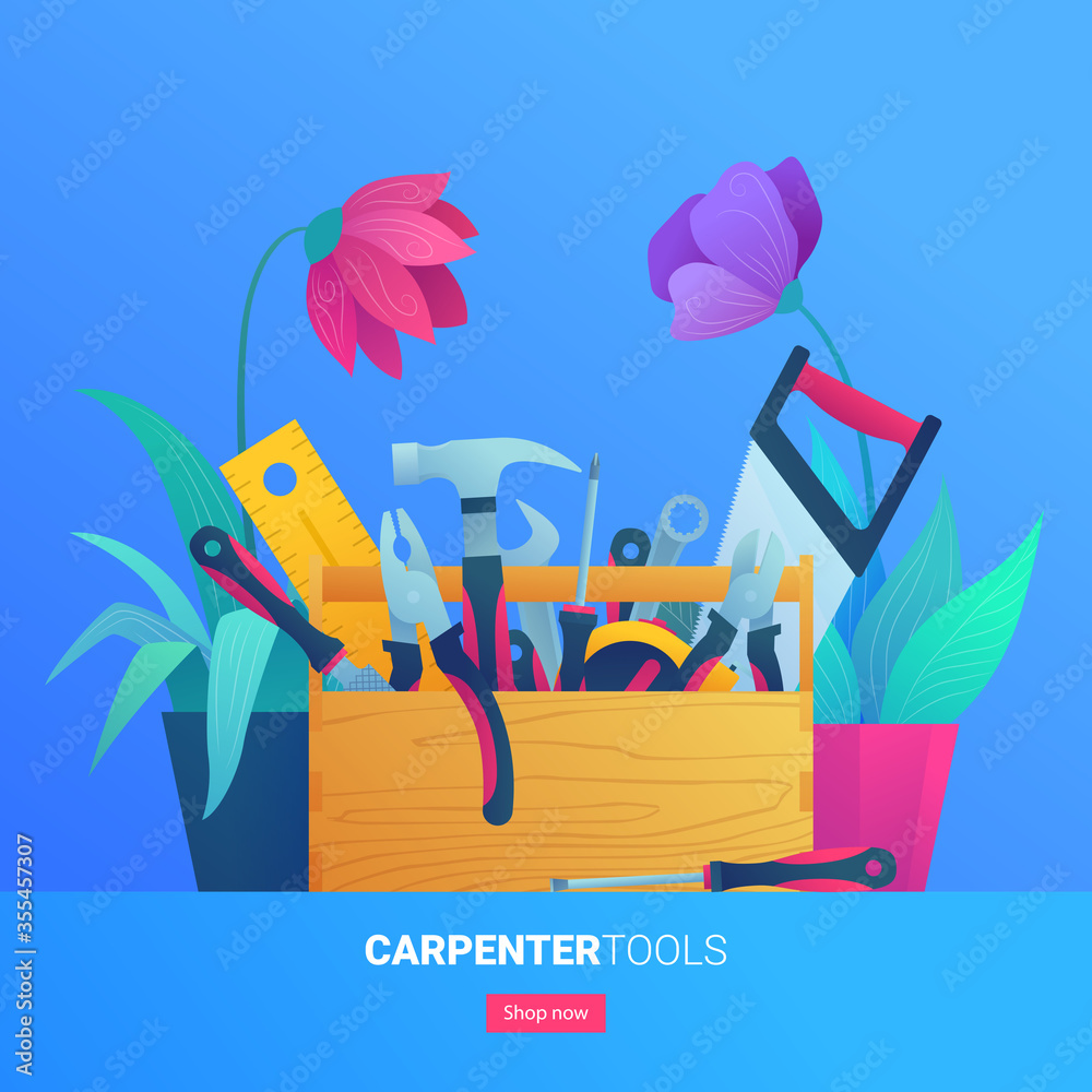 Carpenter tools web banner in cartoon style. Hammer, pliers, saw, rasp ...
