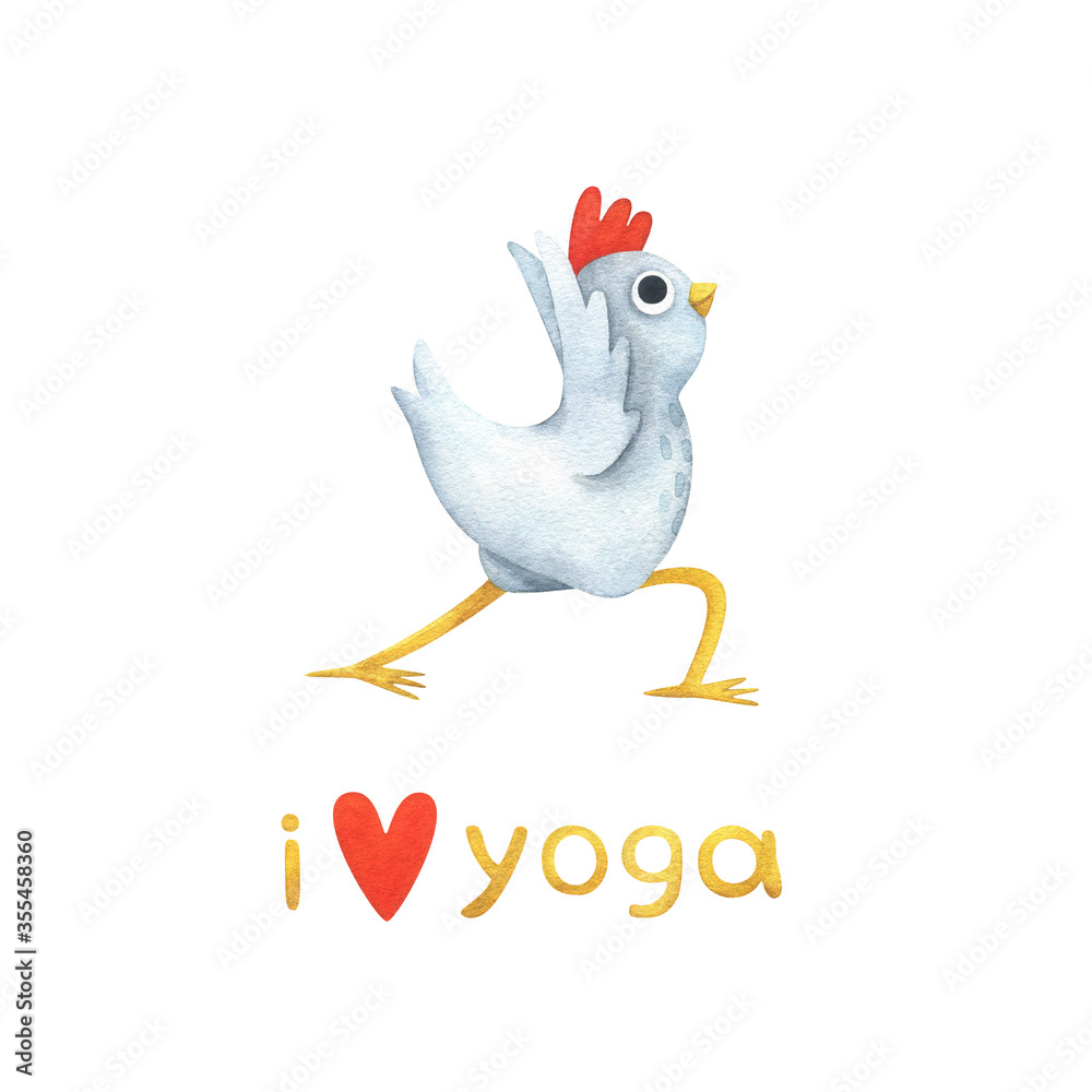 Funny white chicken in yoga poses. A set of watercolor illustrations ...