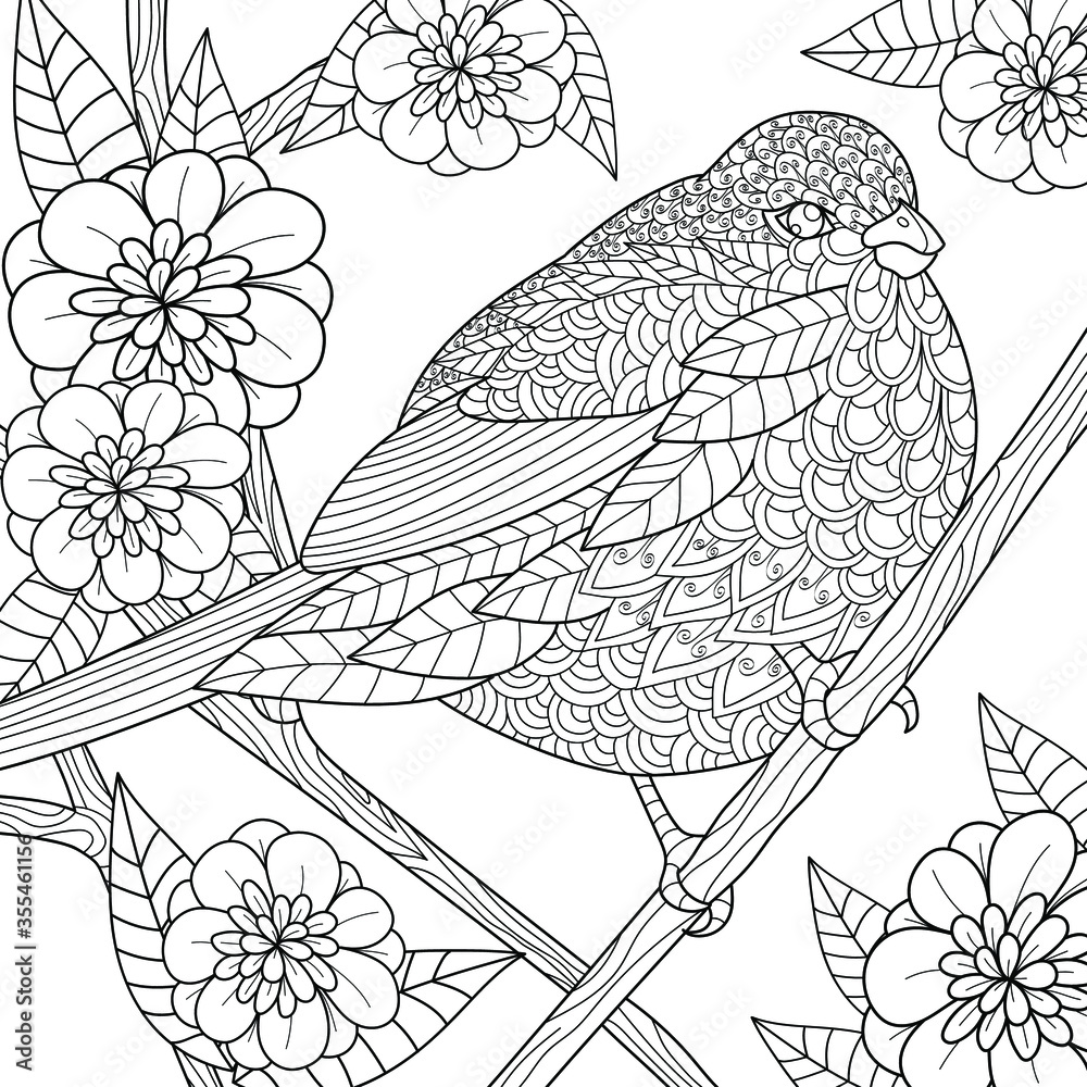 Little bird is sitting on branch around the flovers and leaves. Summer ...