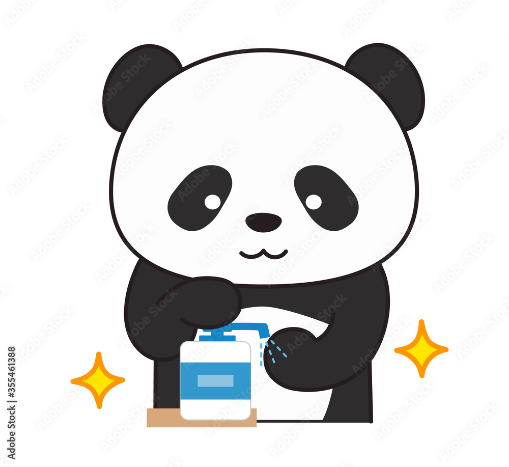 Panda washing his hands with a sanitizer to prevent from corona virus ...