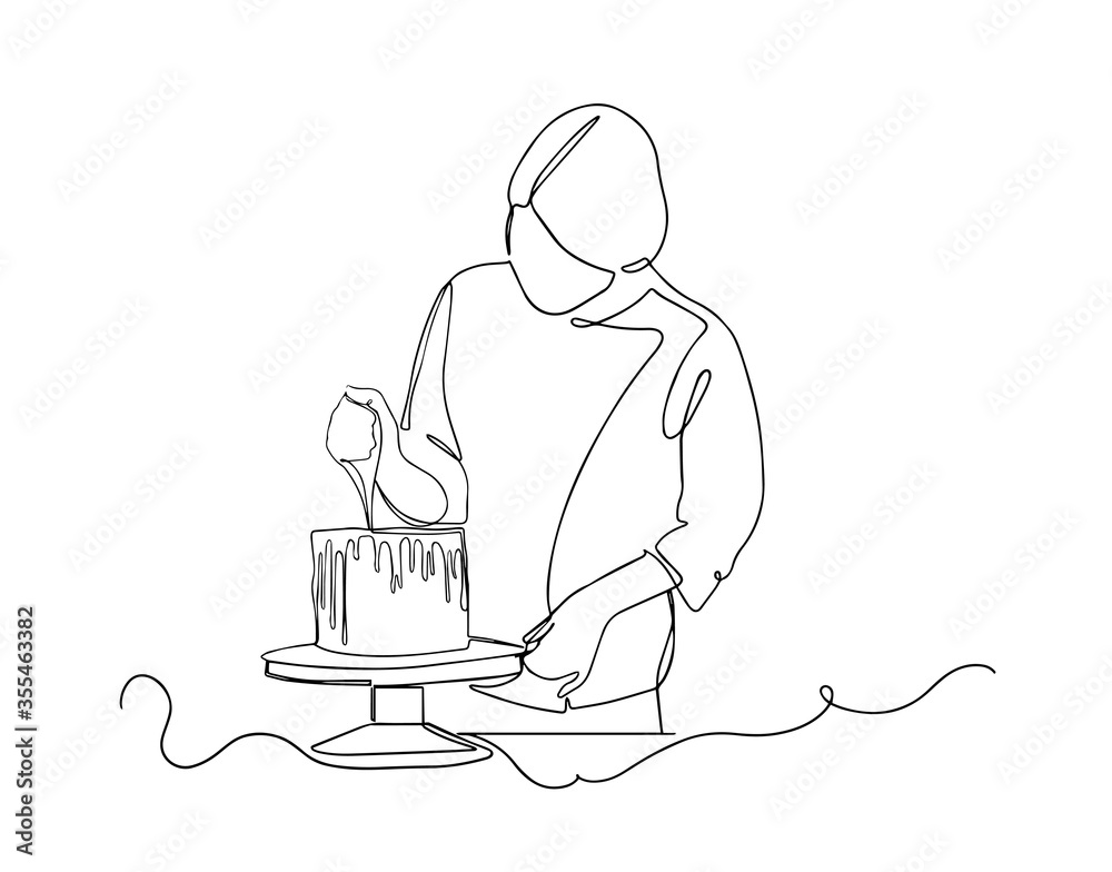 One continuous drawing line pastry chef cooks cake in the kitchen ...