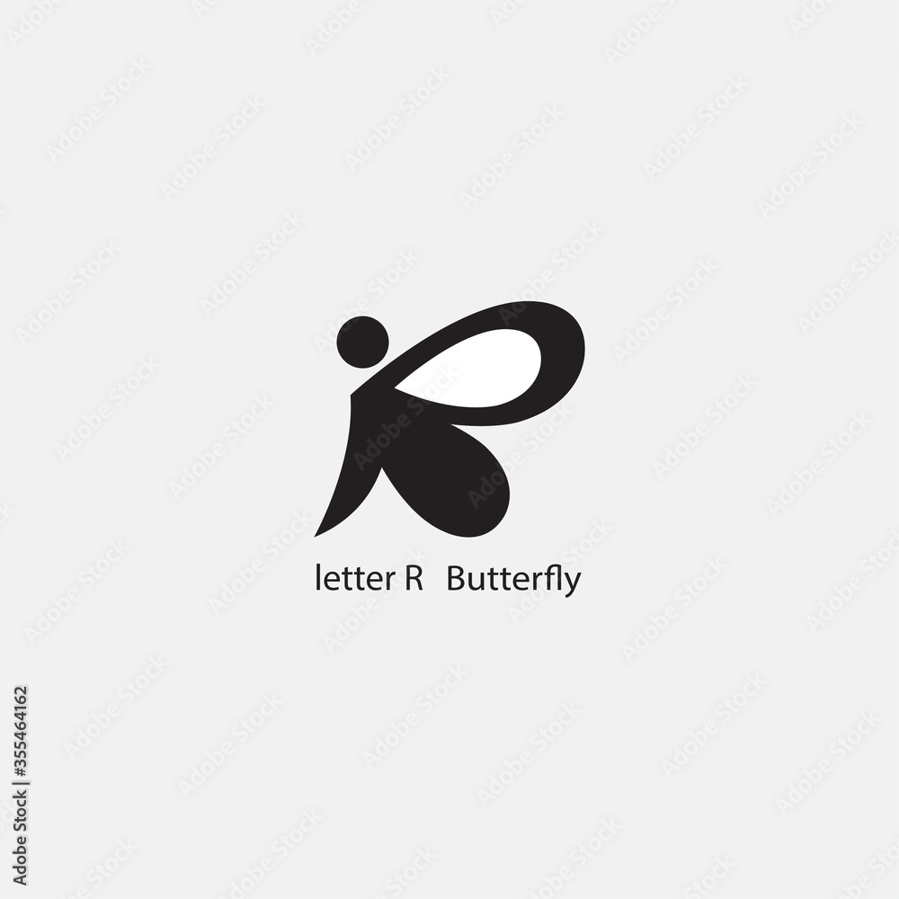 letter R logo illustration of a black and white butterfly vector design ...