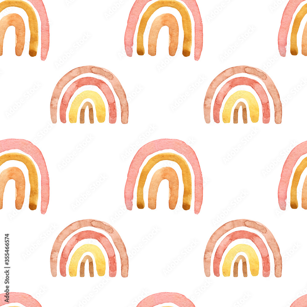 Watercolor boho pastel pink and terracotta rainbows seamless pattern on ...