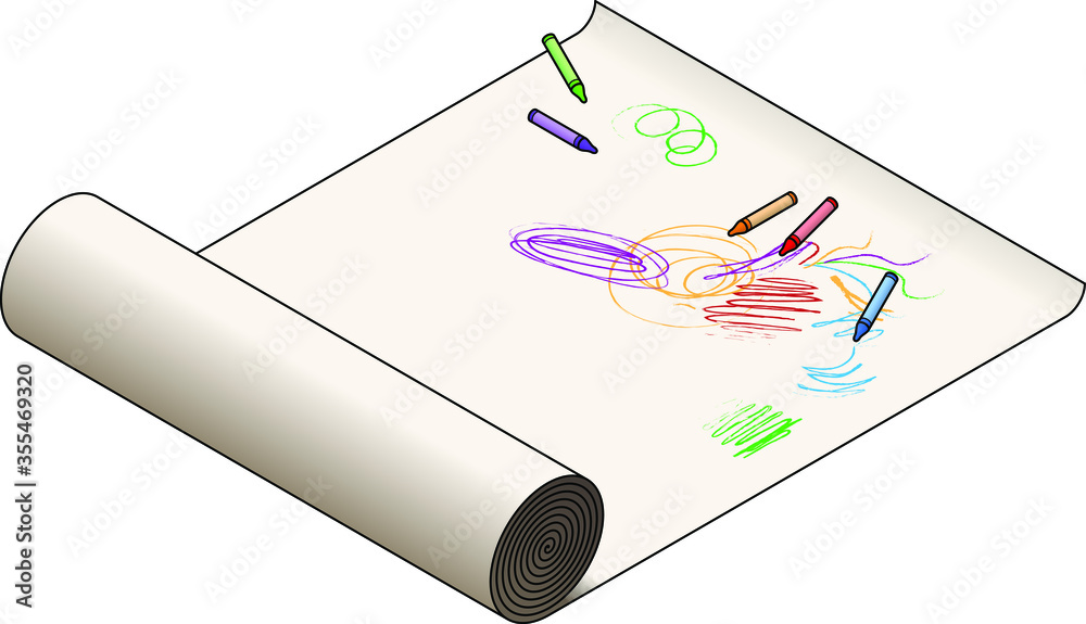 A roll of unbleached butcher paper with crayons and colorful doodles ...