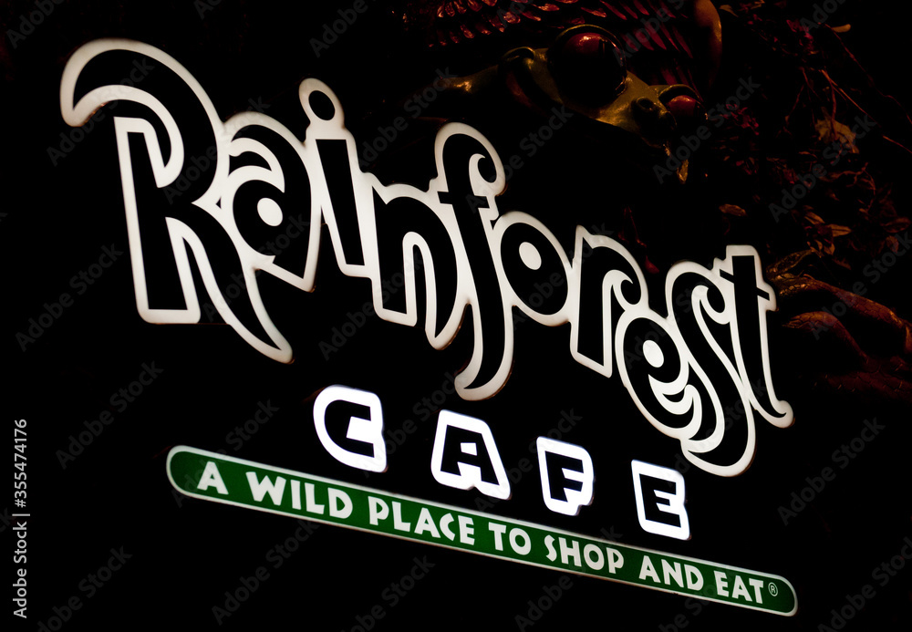 Neon sign Logo of the famous Rainforest cafe on Las Vegas Boulevard ...