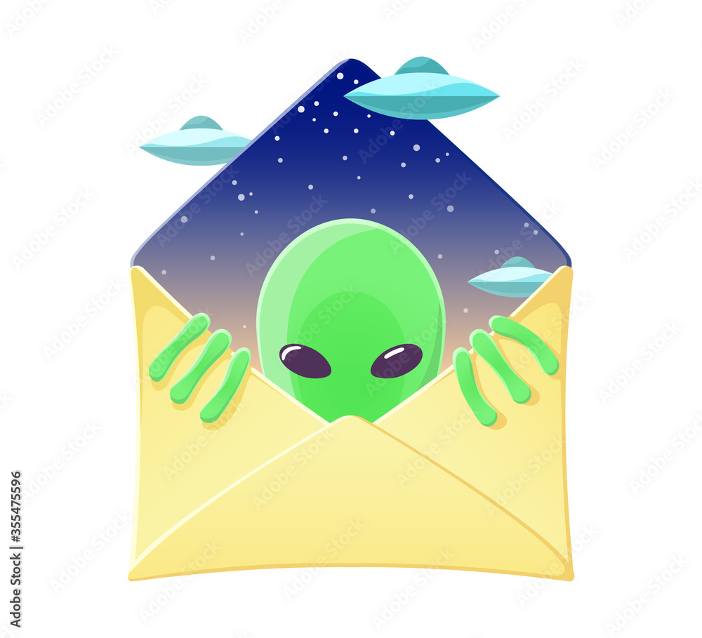 Envelope with funny alien and flying saucers inside. Cartoon humanoid ...