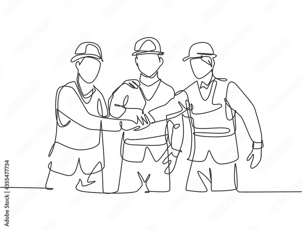 One line drawing of young builder and architect wearing construction ...