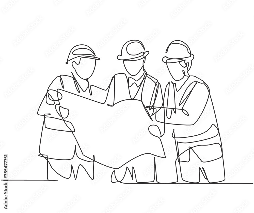One line drawing of young builder and architect wearing construction ...