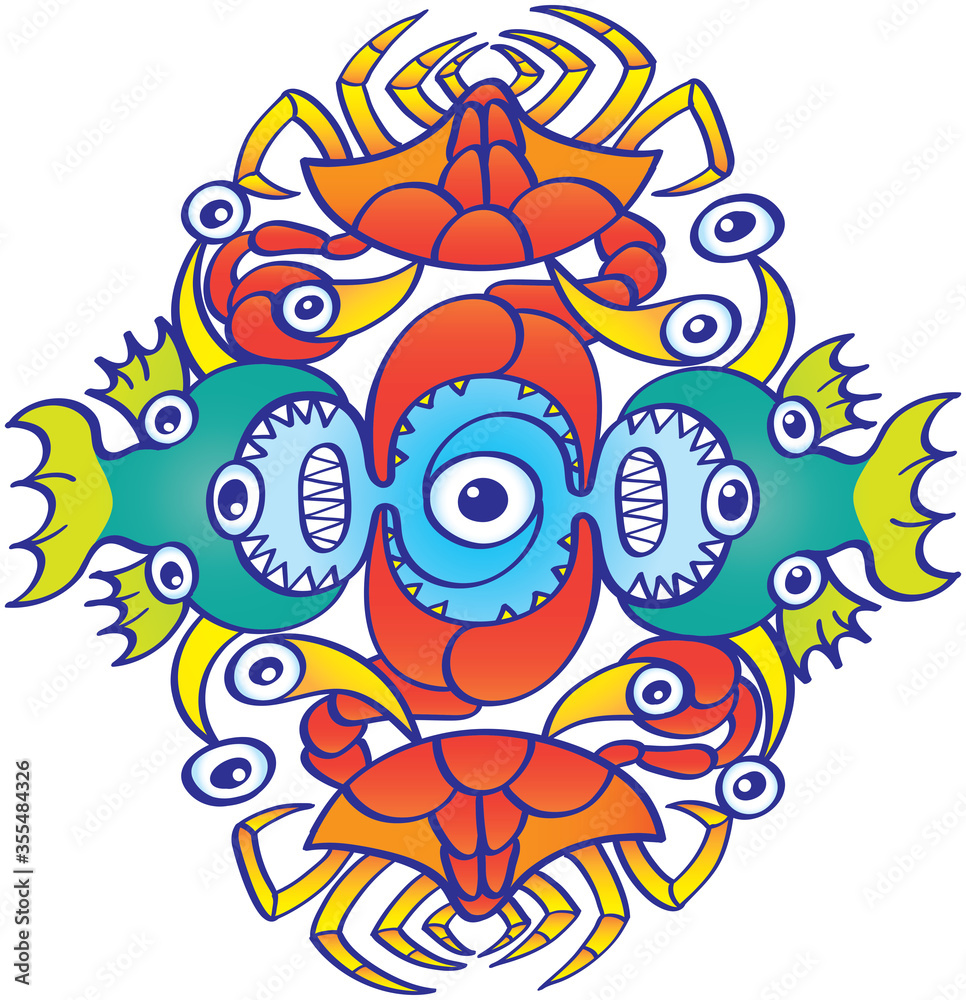 Weird sea creatures such as crabs, fish and octopuses with bulging eyes ...